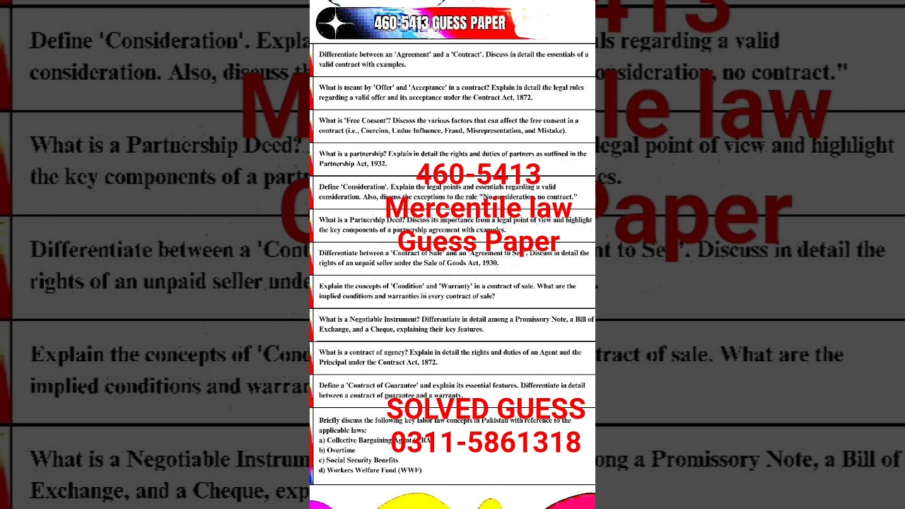 Aiou code 460 Guess paper | 460 Mercantile law Guess paper | 5413 Guess paper |BCOM |BS|PAST PAPER