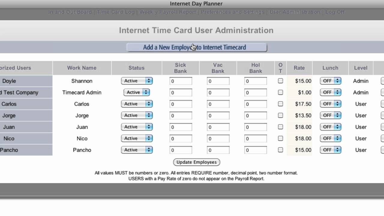 Time Tracking with Internet Timecard: entering employees