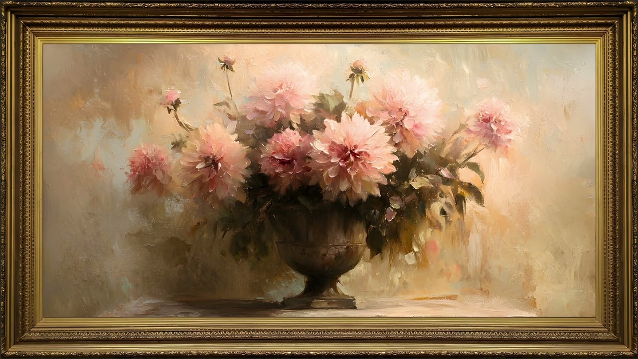 Pink Dahlias, Antique Still Life Oil Painting | Gold Framed Art Screensaver for TV