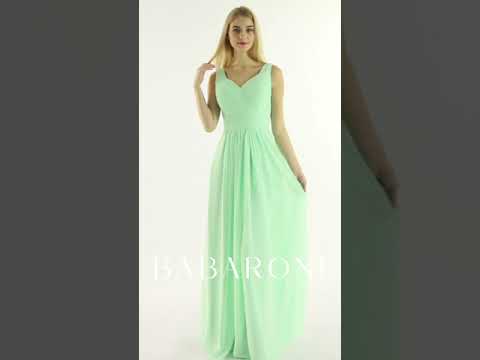 BABARONI Camille V-neck Full Length Chiffon Dress with Pleated Bodice