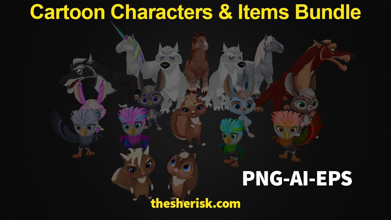 Cartoon Characters & Items Bundle |Cartoon Characters PNG AI And EPS Files| |Sheri Sk|