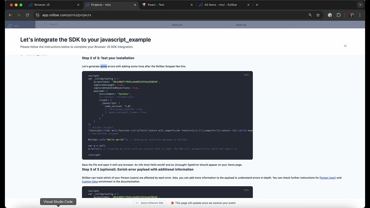How to setup error monitoring and logging for JavaScript applications using Rollbar
