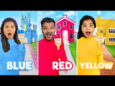 4 Colors Tiny House Challenge | Red, Blue, Yellow, Pink Color Tiny House | Hungry Birds