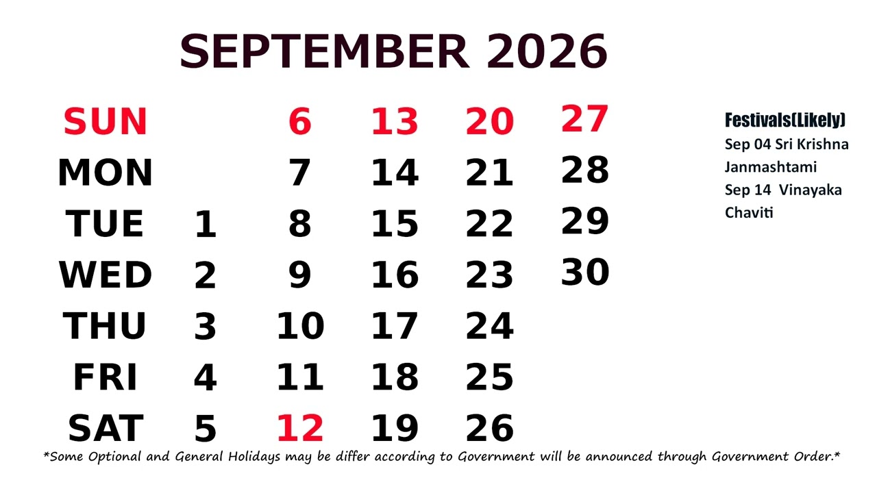 September Calendar 2026