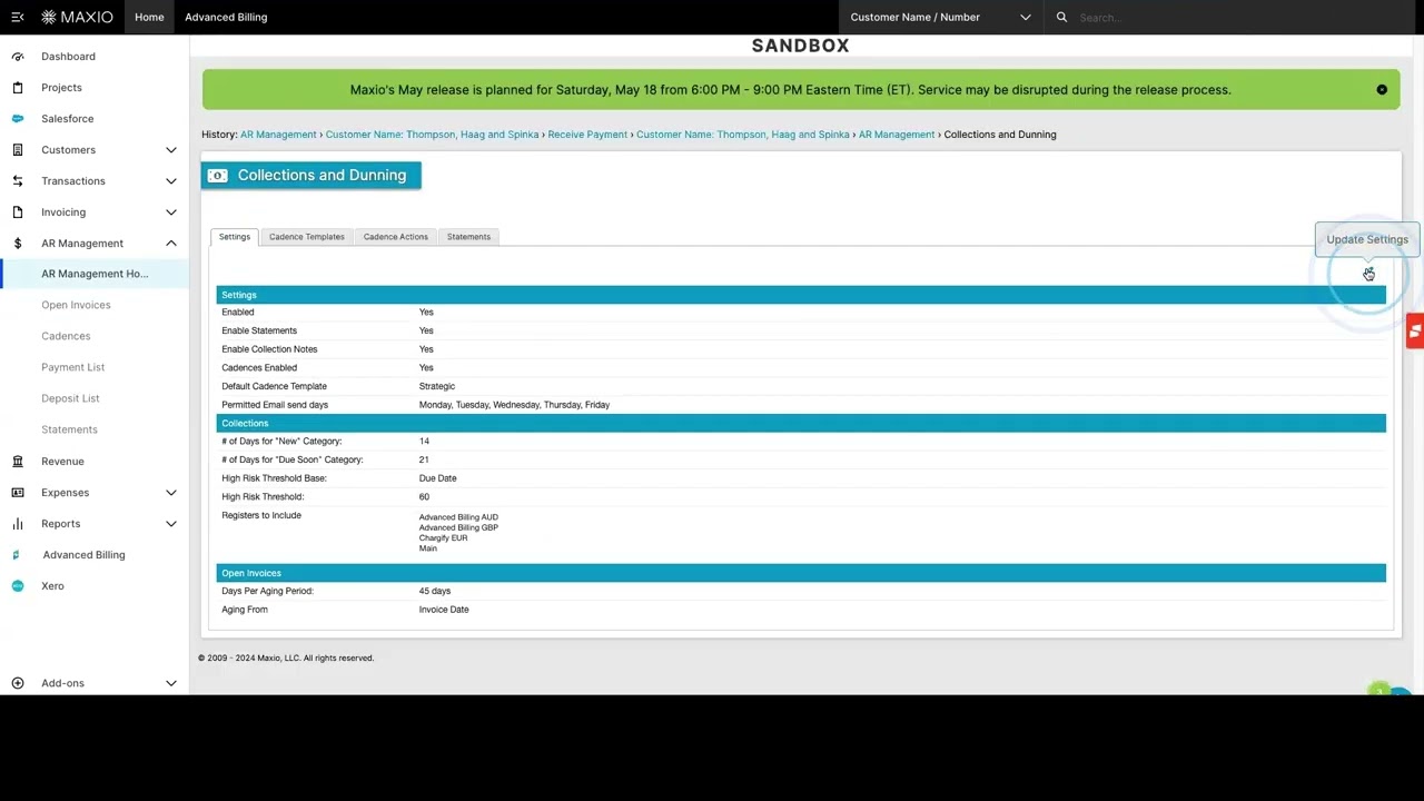 Collections dashboard and open invoices in Maxio's AR Management Module