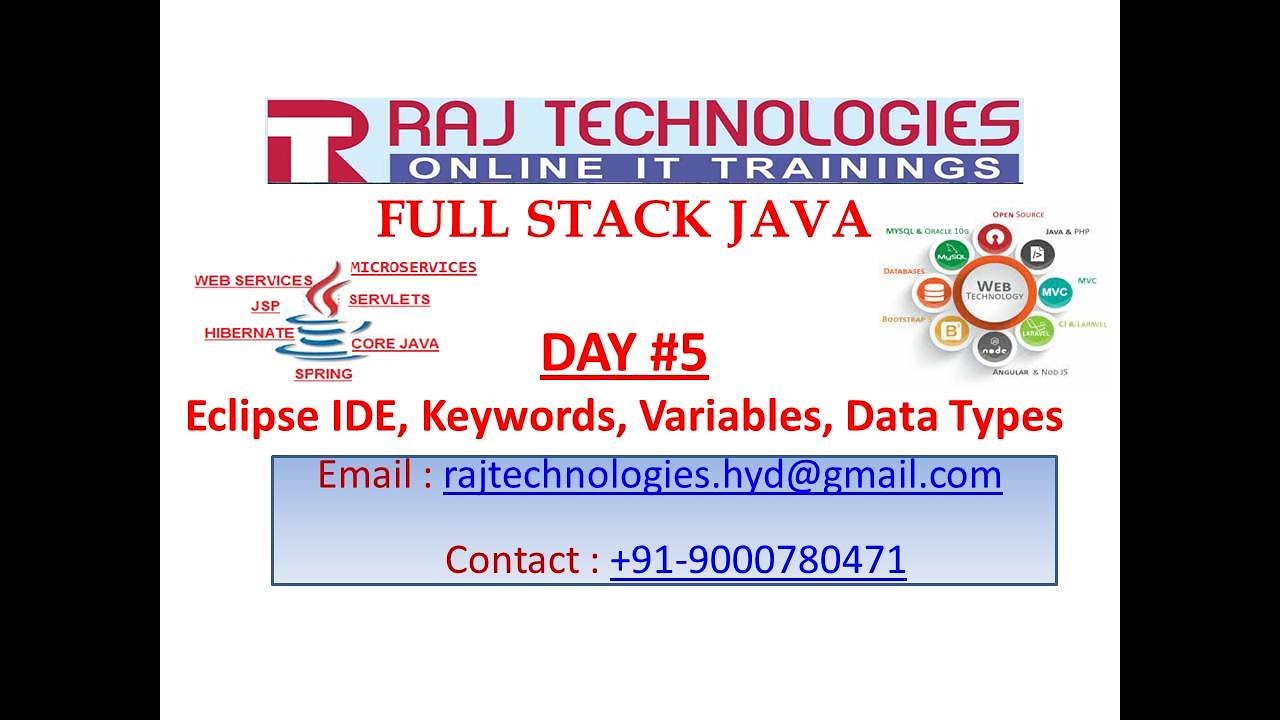 Full Stack Java | Day 5 | Eclipse IDE | Keywords | Data Types | Raj Technologies