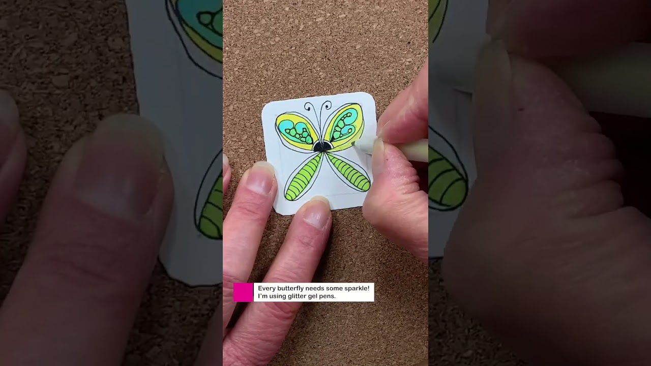 My Zentangle® fragment S3 butterfly No. 1 gets some watercolor and sparkles! #shorts #zentangle #zia