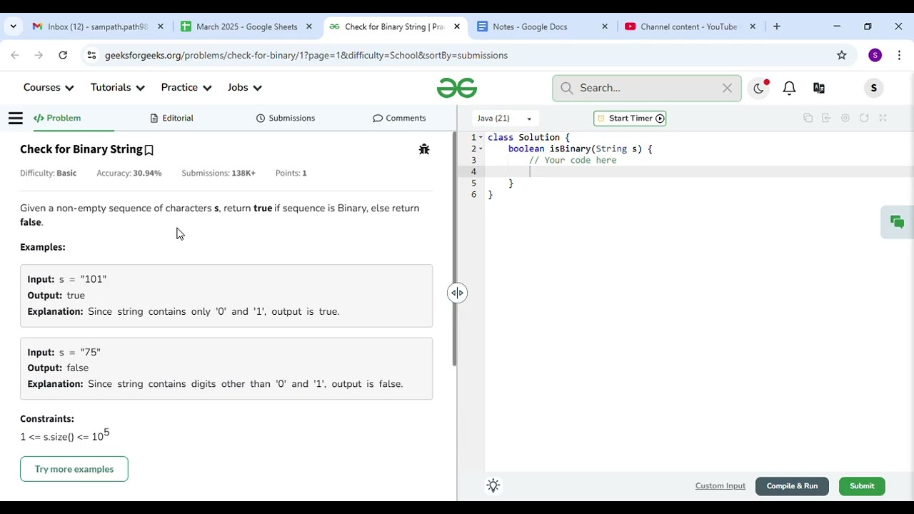 Check for Binary String   Practice   GeeksforGeeks