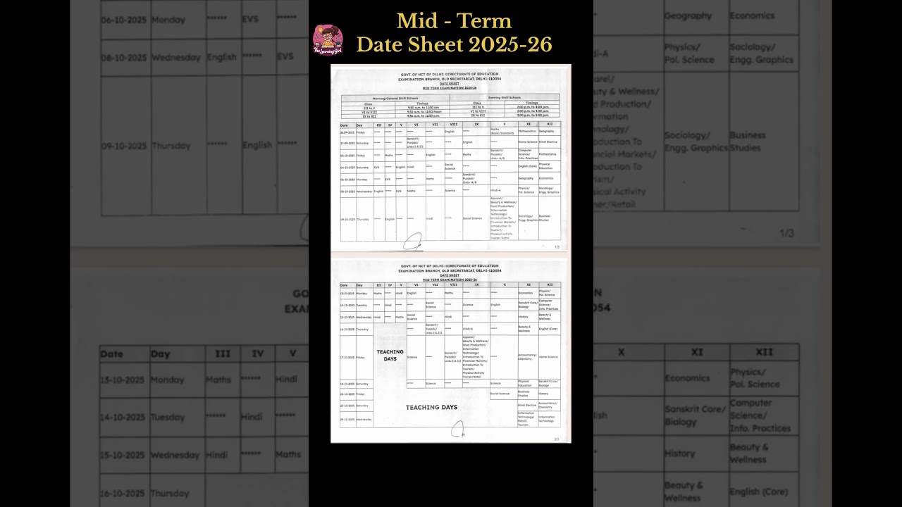 Mid Term Exam Date Sheet 2025-26 Released | Delhi Govt Schools Class 3rd to 12th
