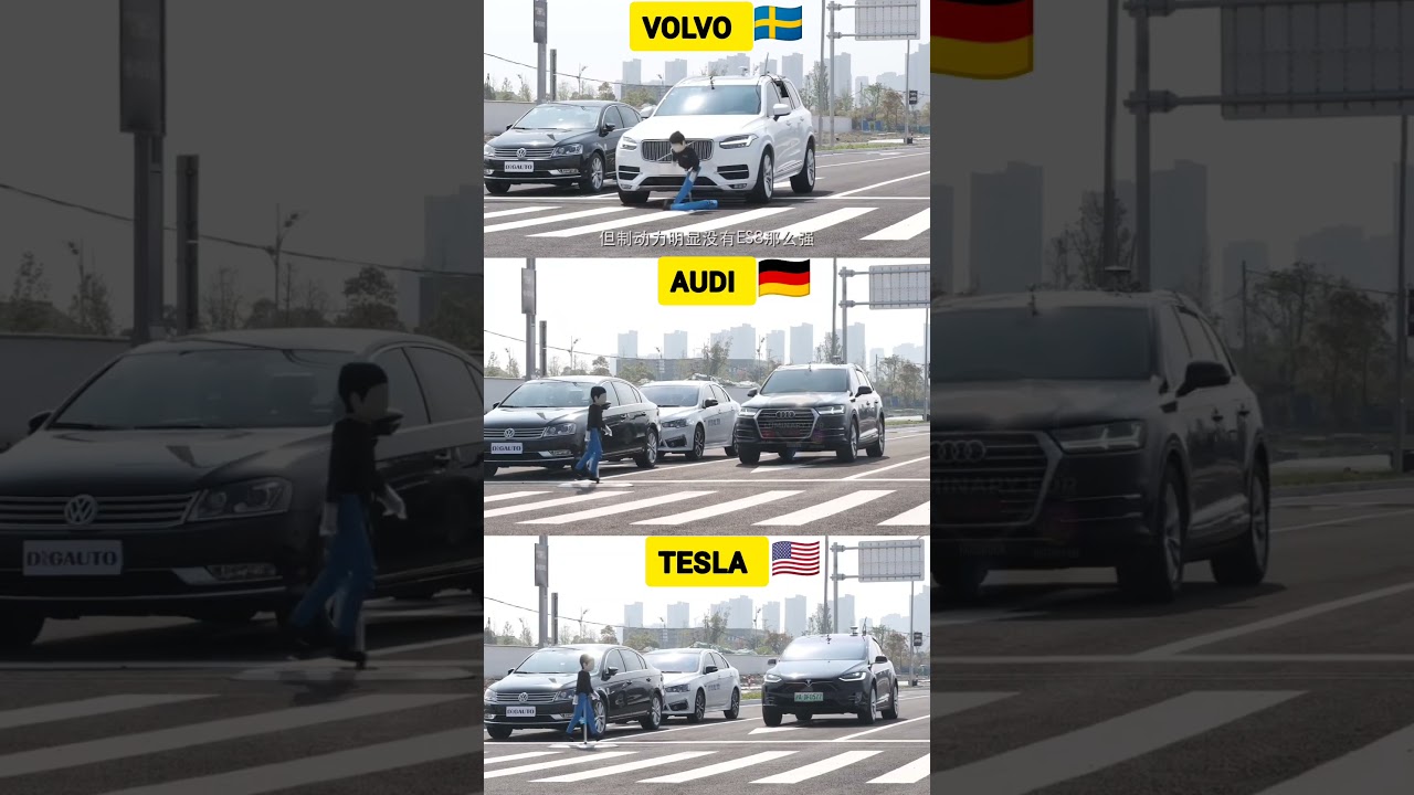 🔥Tesla vs Volvo vs Audi Automatic Braking System Test Challenge Who Wins 🤔