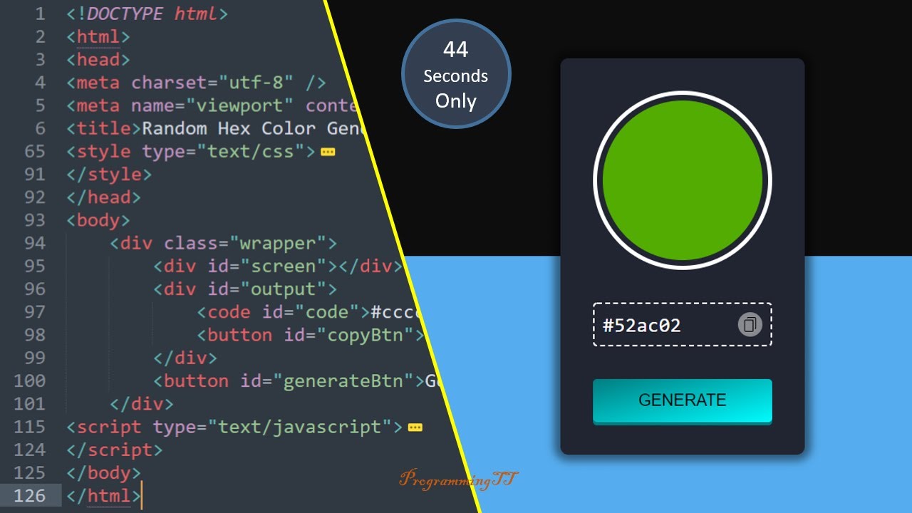 Random hex color code generator in javascript | JavaScript projects for beginners | ProgrammingTT
