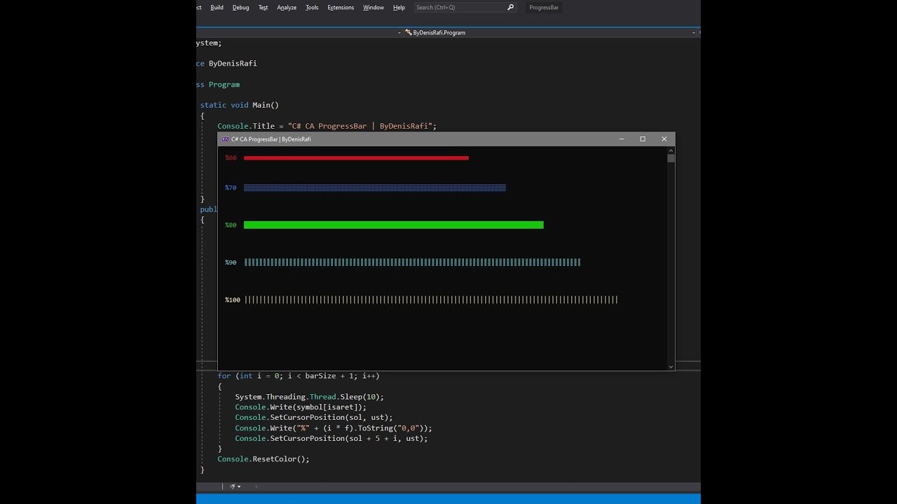 In C#, how do you create a console progress bar 100%