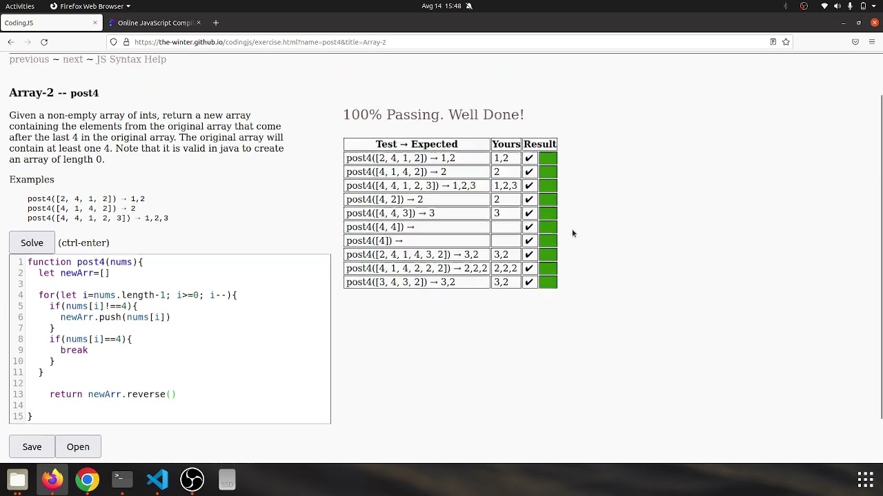 Codingjs (Codingbat) Array-2  post4 Javascript solution