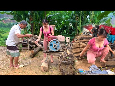The genius girl helped the old man fix the tractor that was sunk in the mud