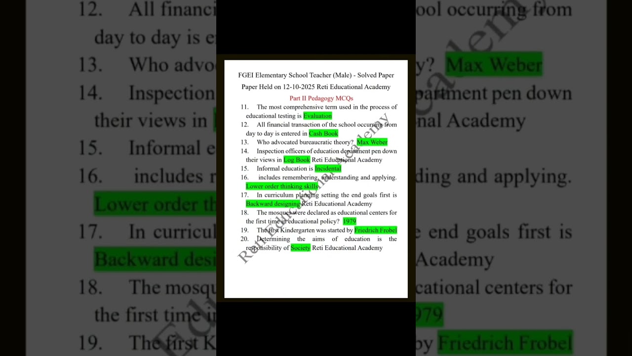 FGEI EST BPS-14 Male Solved Paper 12-10-2025 FGEI Elementary School Teacher Solved Paper 2025