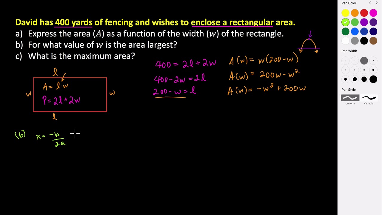 Modeling Quadratic Functions: Maximizing Area