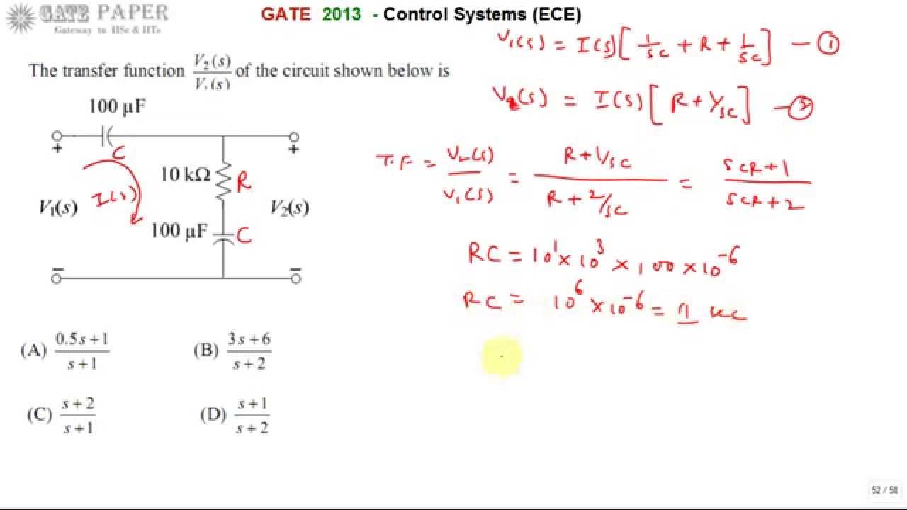 GATE 2013 ECE Transfer Function of given RC circuit