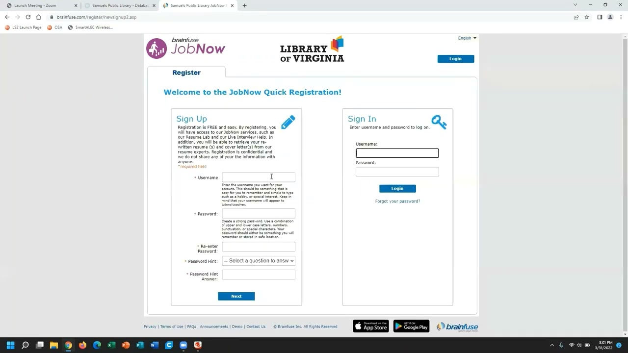 Samuels Library Brainfuse JobNow Tutorial