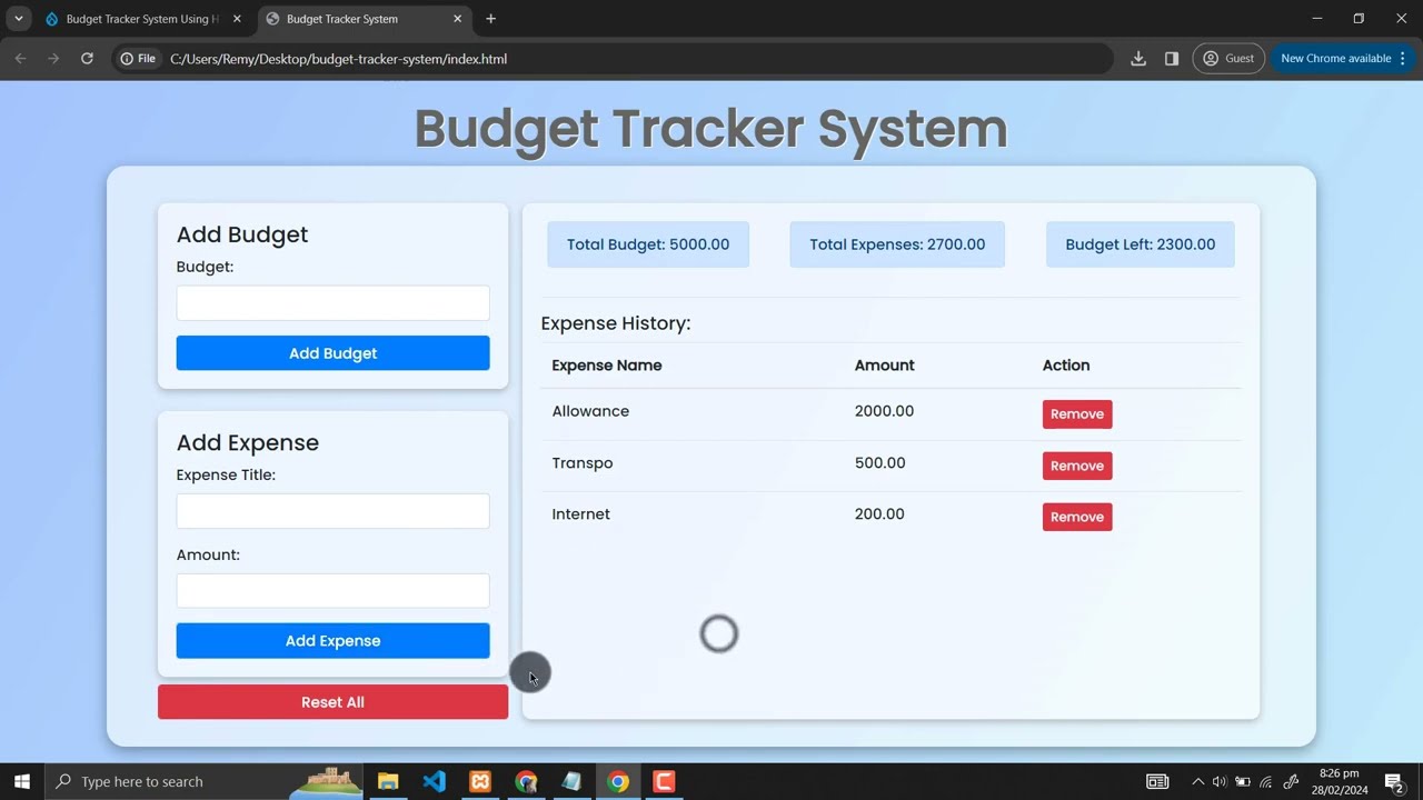 Budget Tracker System Using HTML, CSS and JavaScript with Source Code
