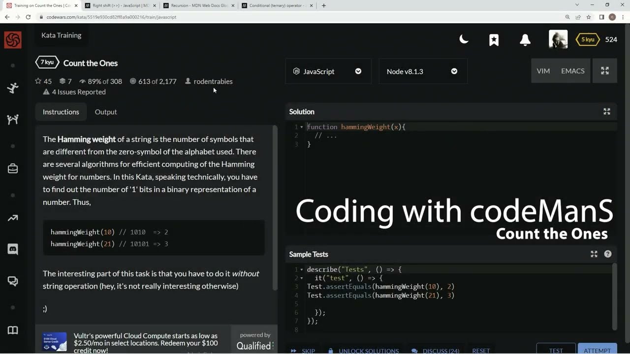 Codewars 7 kyu Count the Ones JavaScript