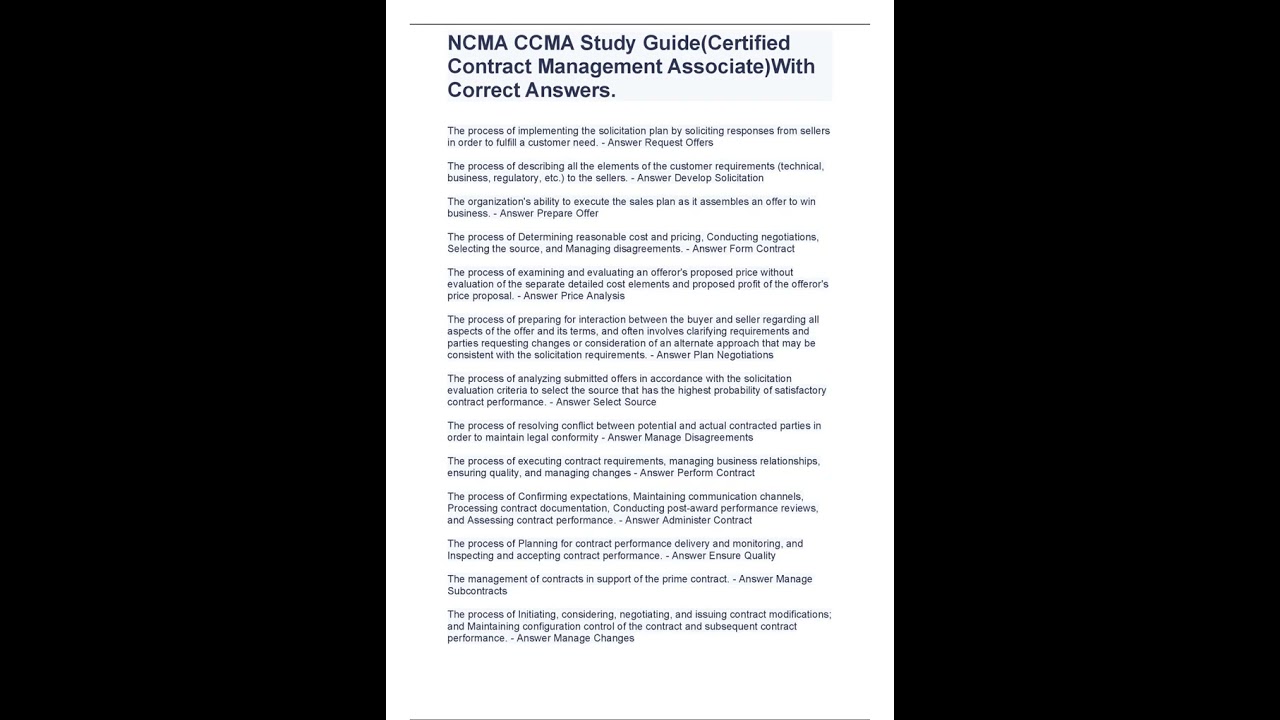 NCMA CCMA Study GuideCertified Contract Management AssociateWith Correct Answers pdf