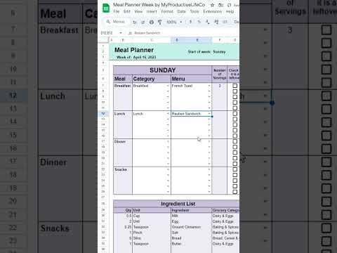Weekly Meal Planner Spreadsheet Template #spreadsheets #shorts