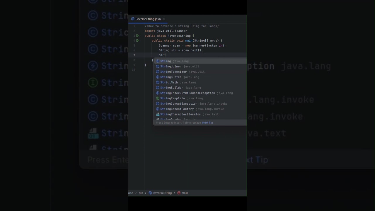 Reverse a String Using For Loop | in Java #shorts