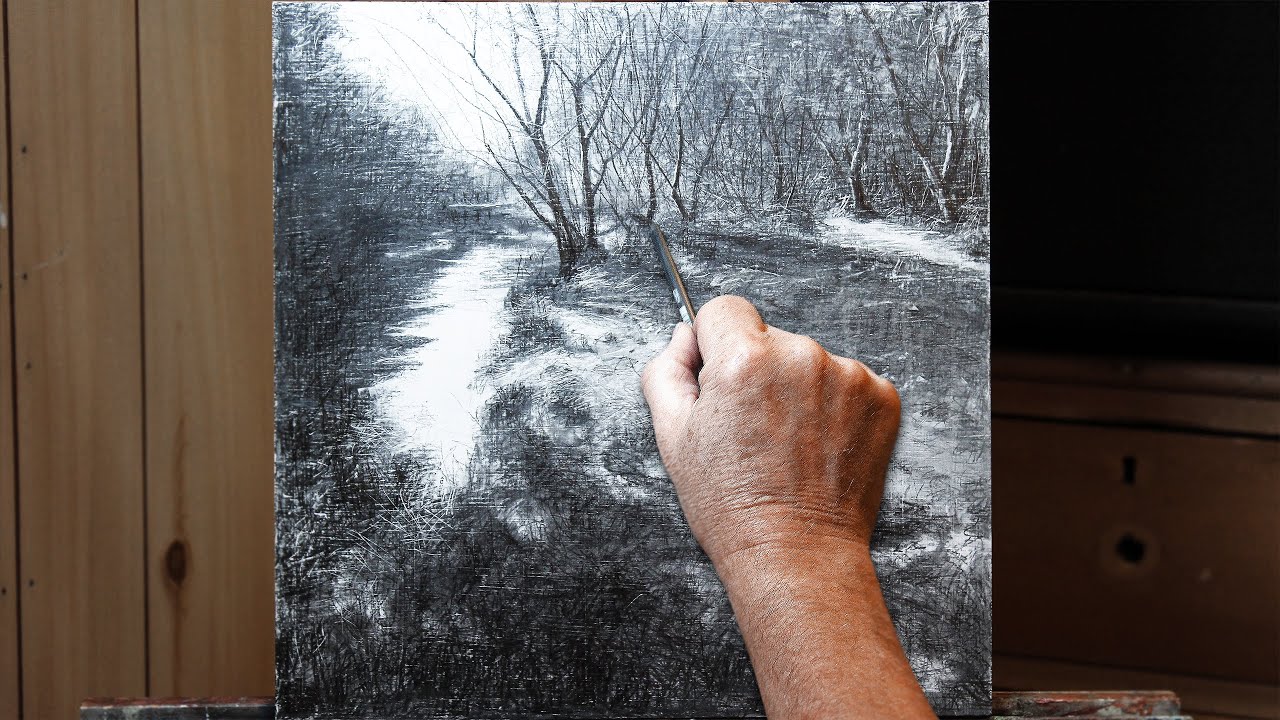 Time lapse drawing 'Riverbank II' - Charcoal and graphite