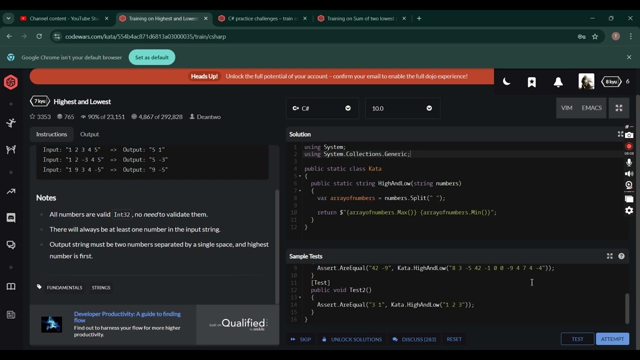 Highest and Lowest  using Csharp | C# - CodeWars Kata 7 Algorithm Solution