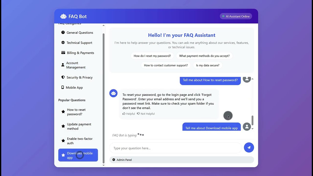 FAQ Bot with AI Assistant Using HTML, CSS and JavaScript with Source Code