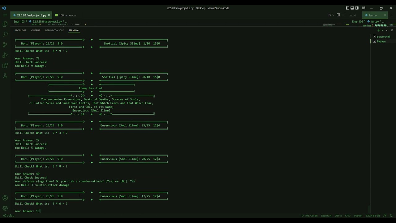 Playthrough - Simple RPG - Engr103 Final Project - 6/6/22