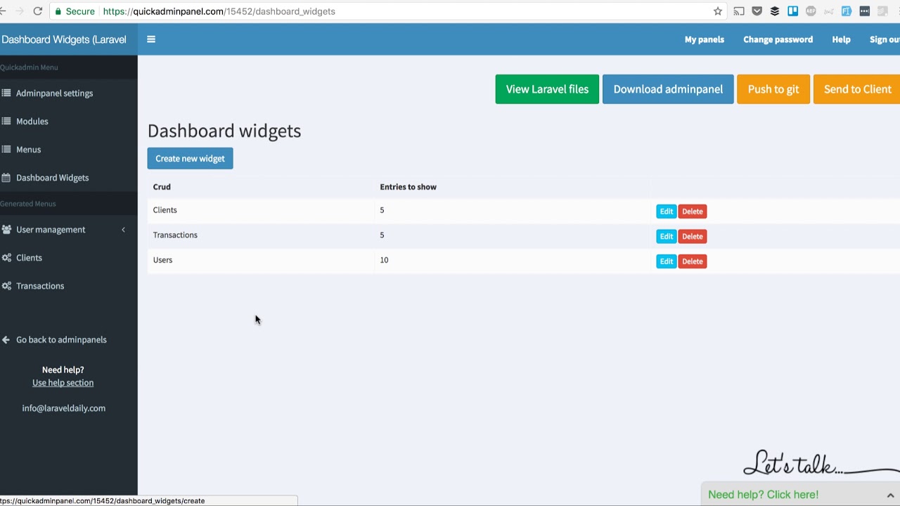 Dashboard Widgets Module in Laravel QuickAdminPanel