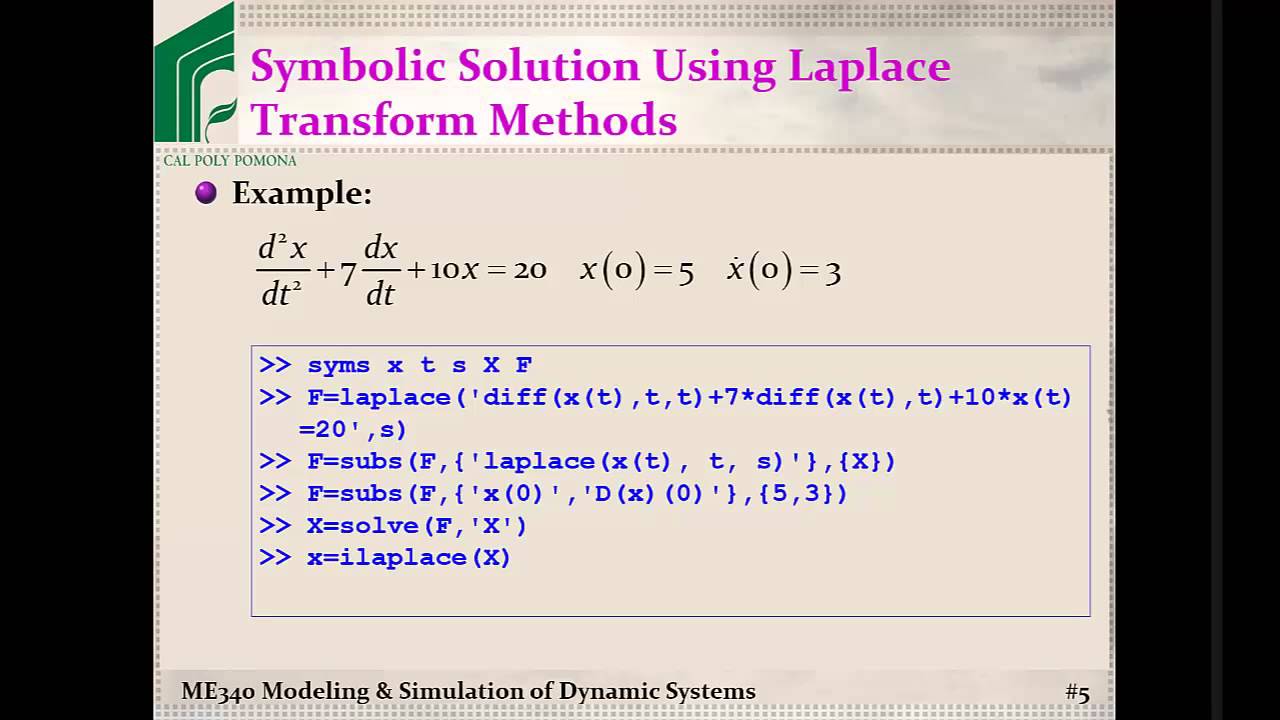 ME 340: Example, Solving ODEs using MATLAB's laplace command
