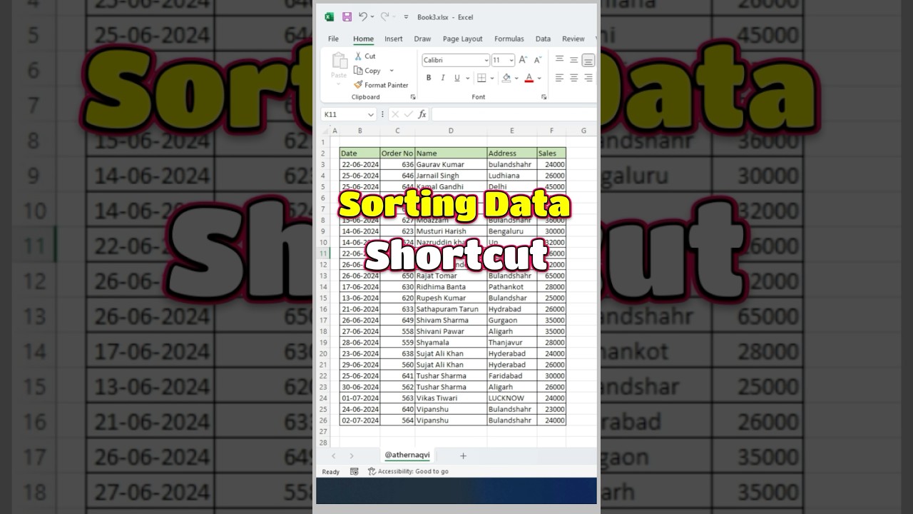 Data sorting using shortcut in excel l Sort data in ascending order #excel #excelshorts #ytshorts