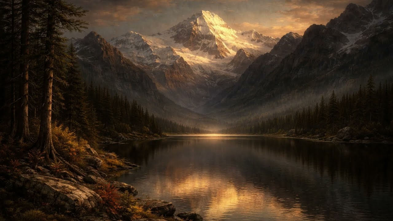 Grand Mountain Vista with Pine Forest | Background | Traditional Nature Art | Screensaver Home Decor