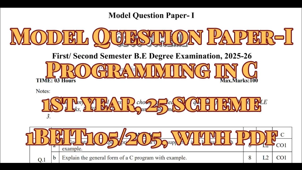 Programming in C, Model Question Paper, 1BEIT105/205, 25 scheme, with pdf
