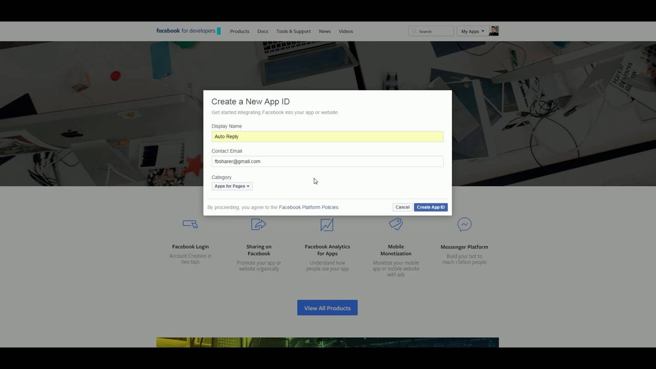 How to create a Facebook application for Graph API v2.7
