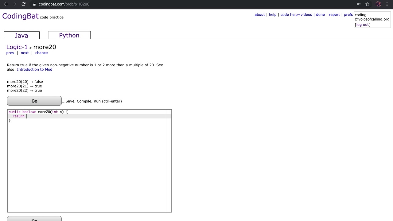 Logic-1 (More 20) Java Tutorial || Codingbat.com