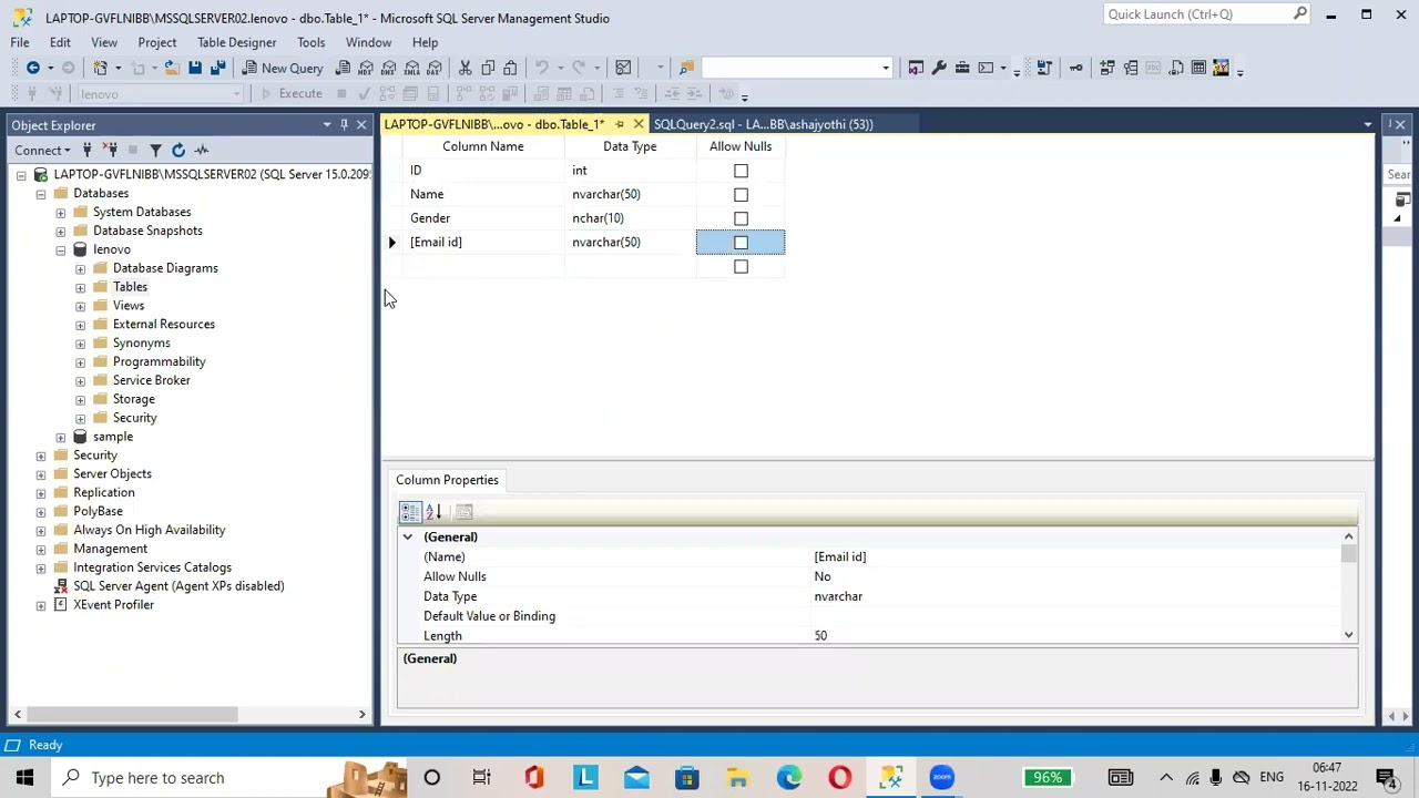 Creating Table graphically in sql server