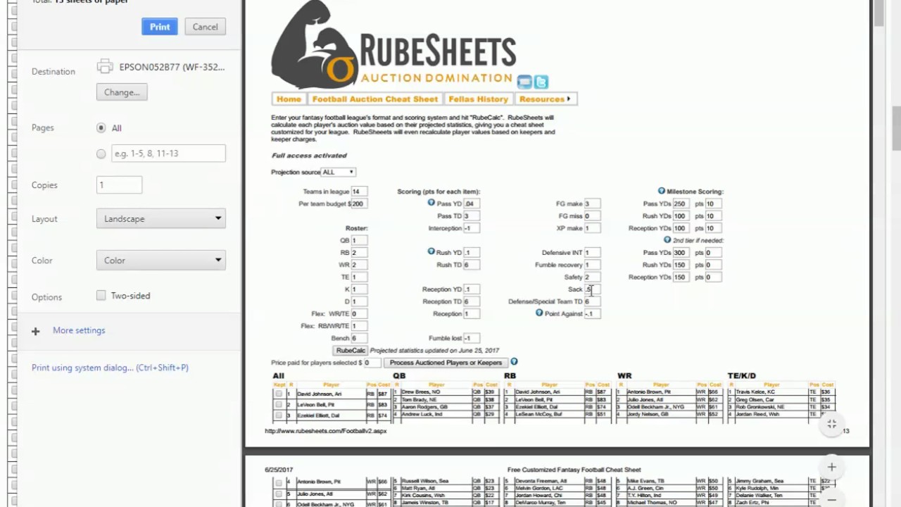Printing RubeSheets fantasy football auction cheat sheet