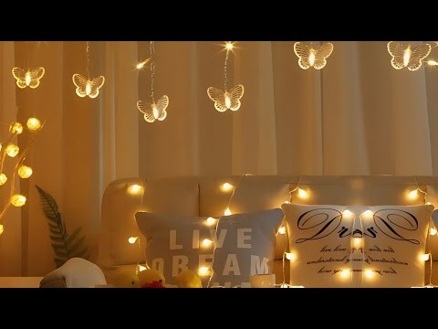 butterfly string lights background | fairy string lights wallpaper | bedroom decor lights | cozy