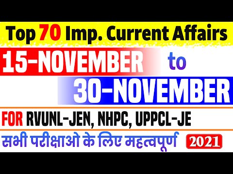 Top 70 November 2021 Current Affairs for RVUNL JEn, NHPC, UPPCL-JE | Monthly | For Rajasthan RSEB