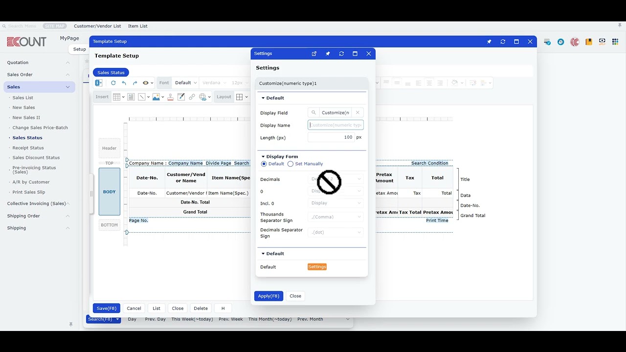 [ECOUNT Basic] Template Setup - Main Status Template Setup