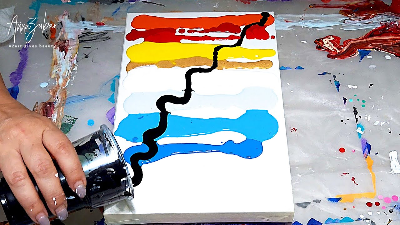 Spring in the Alps Fluid Art. PALETTE KNIFE and STRAW. Easy Abstract Painting