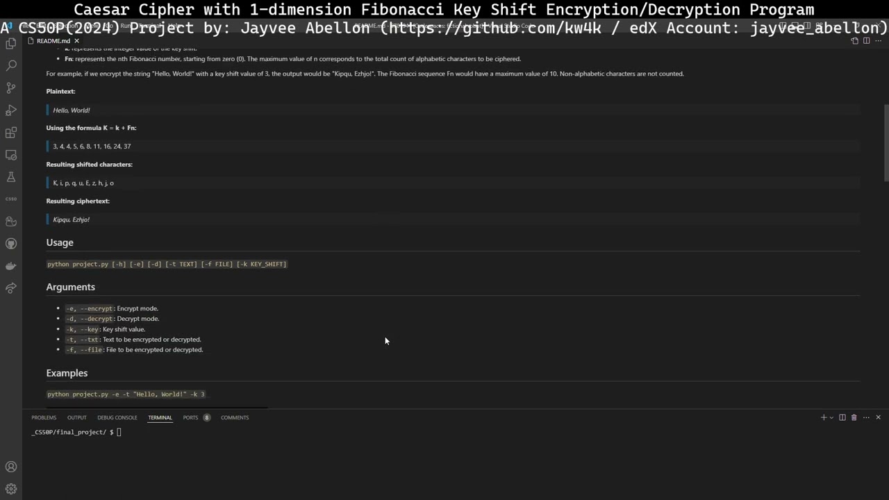 CS50P(2024) Project - Caesar Cipher w/ 1-dimension Fibonacci Key Shift Encryption/Decryption Program