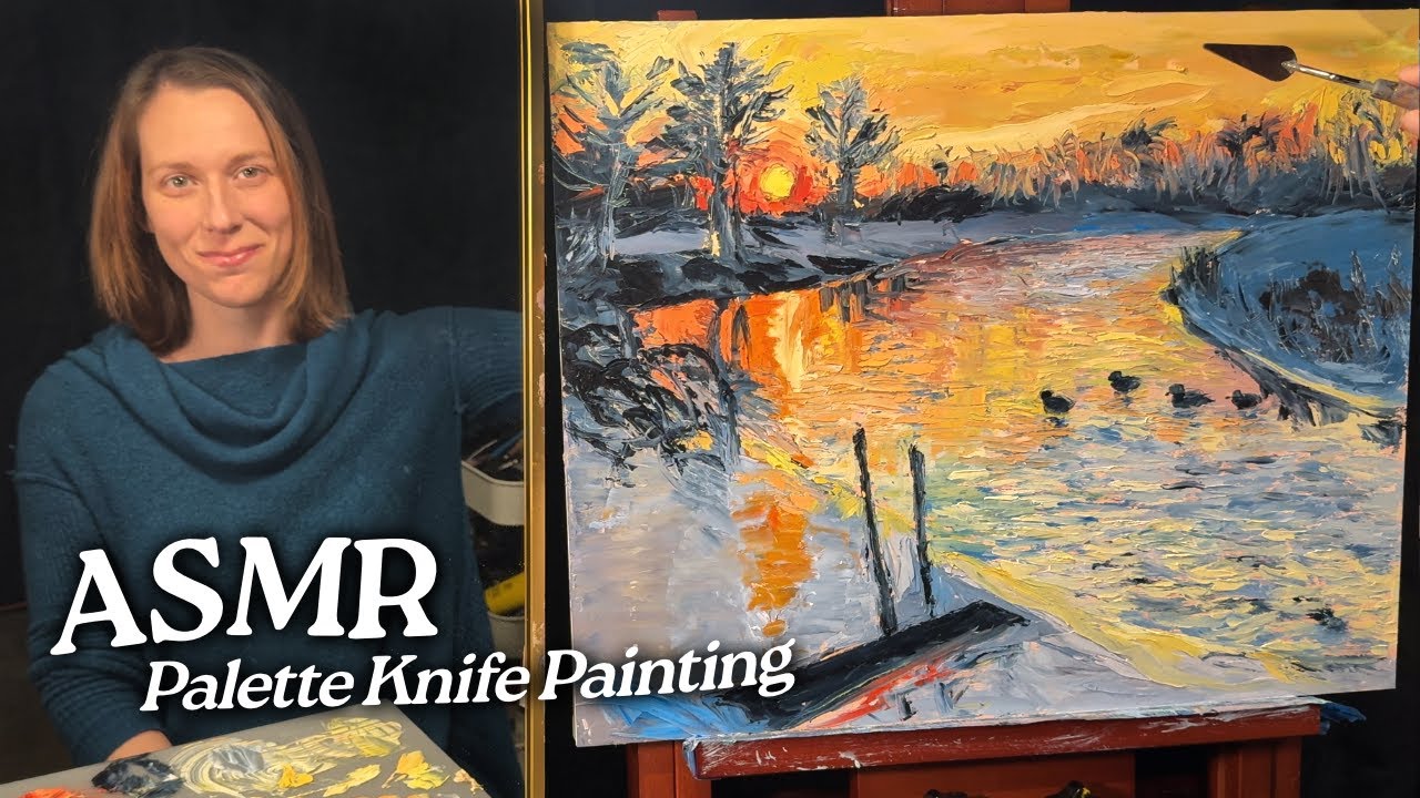 ASMR Palette Knife Painting: Snowy River at Sunrise with Ducks (Soft Spoken, 2 Hours)