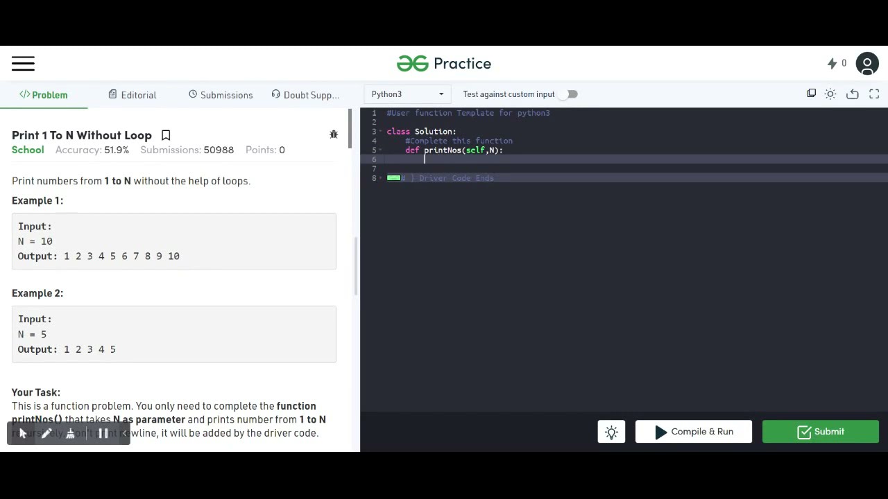 Print 1 To N Without Loop   Practice   GeeksforGeeks