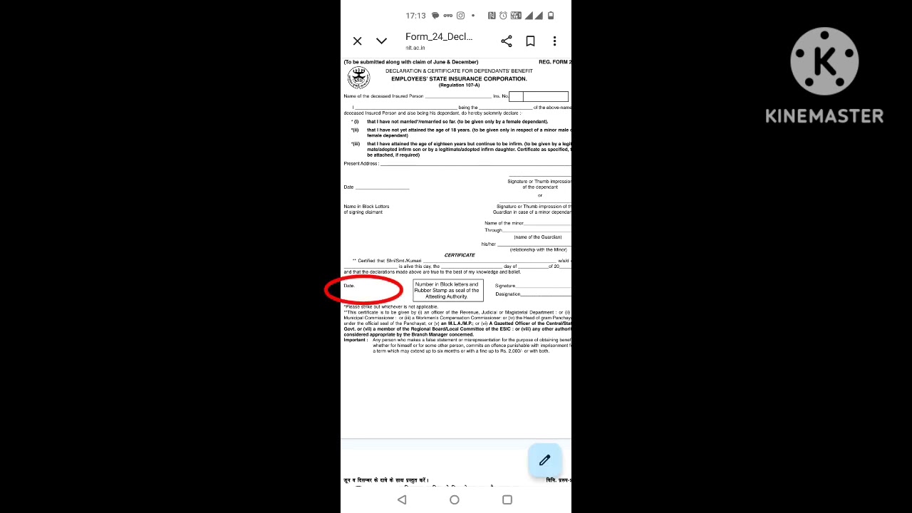 Form 24 Declaration & Certificate For Dependent Benefit In ESIC 