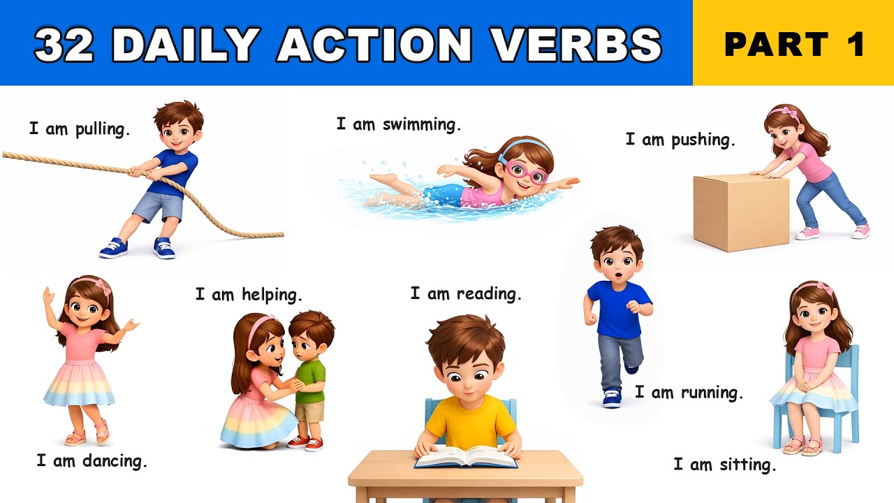 32 Action Verbs - Part 1 | With “I Am” Sentences | Daily Action Words | #JuniorLearningVerse