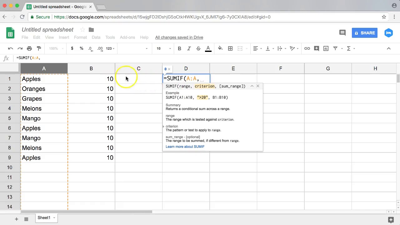 Google Sheets Sumif Function 2018